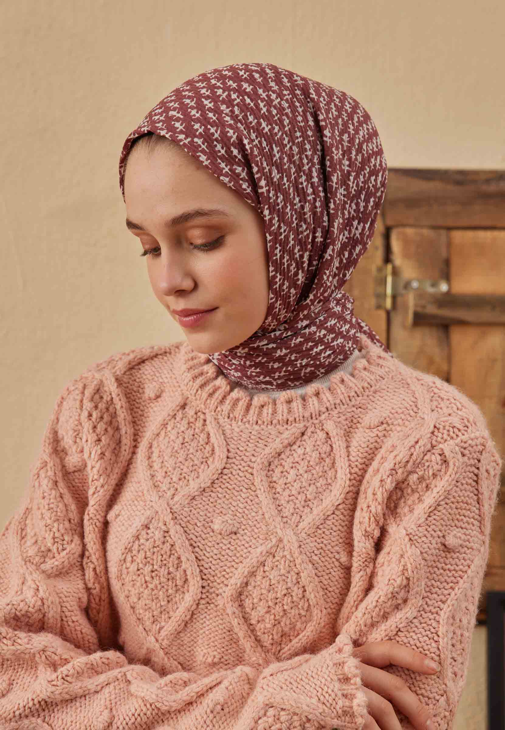 ETHNIC PATTERNED CRINKLE COTTON HIJAB PLUM ROT