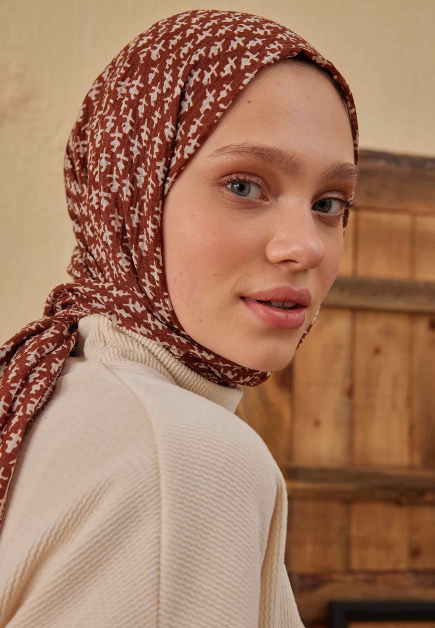 ETHNIC PATTERNED CRINKLE COTTON HIJAB CINNAMON