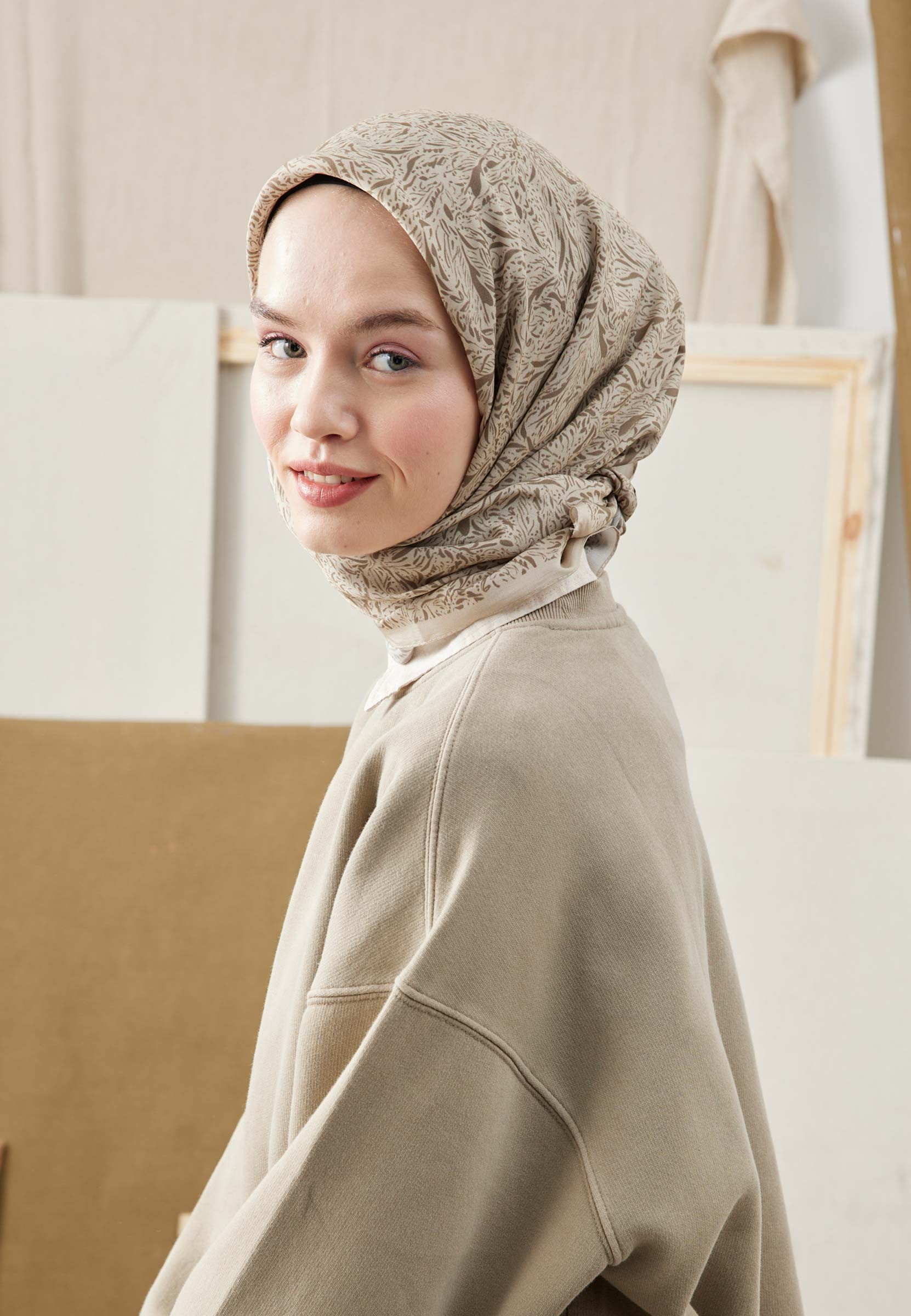 EVIE PATTERN COTTON SILK SCARF KHAKI | FRESH SCARFS