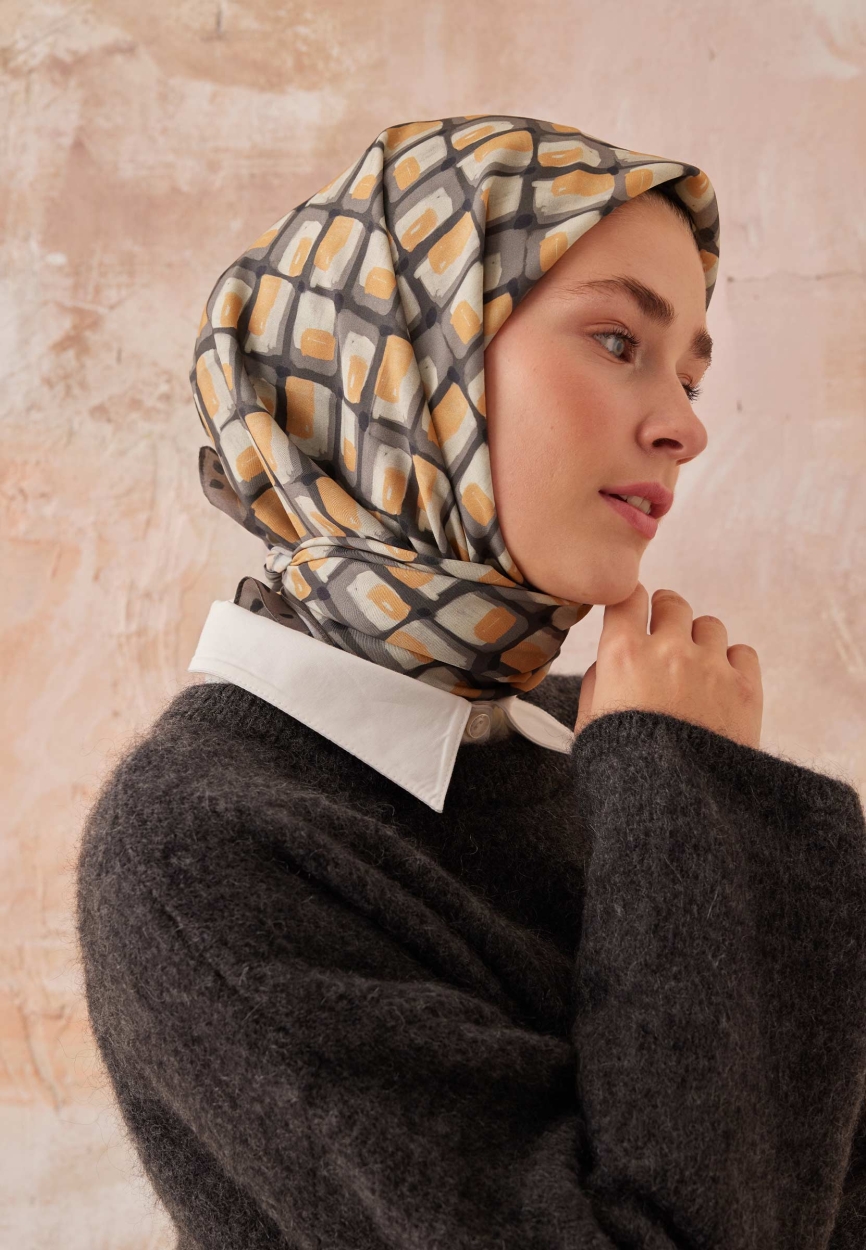 LEILA PATTERNED COTTON SILK SCARF DARK GRAY Buy Online! | Fresh Scarfs