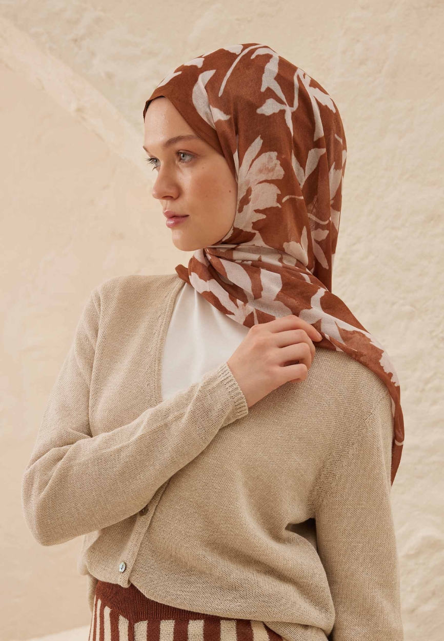PETUNIA PATTERN RAMI HIJAB CINNAMON BAR Online Buy! | Fresh Scarfs