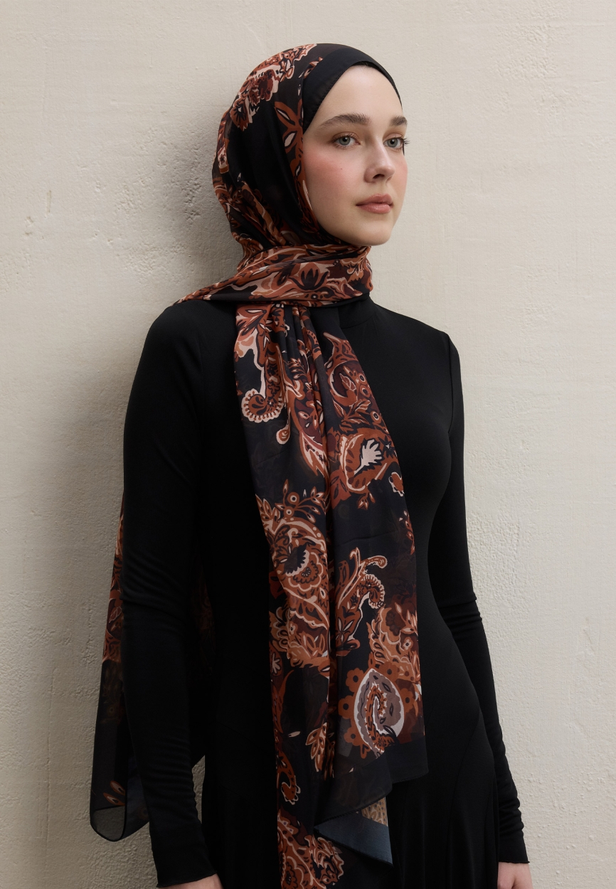 WILD FLORA PATTERN SILK CREPE HIJAB BLACK Buy Online! | Fresh Scarfs