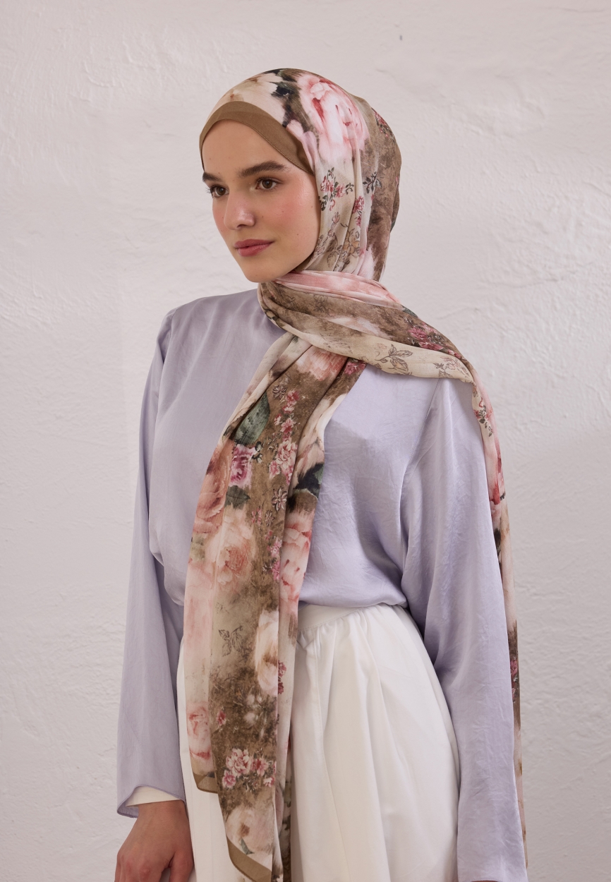 VINTAGE ROSE DESEN RAMİ ŞAL VİZON Online Satın Al! | Fresh Scarfs